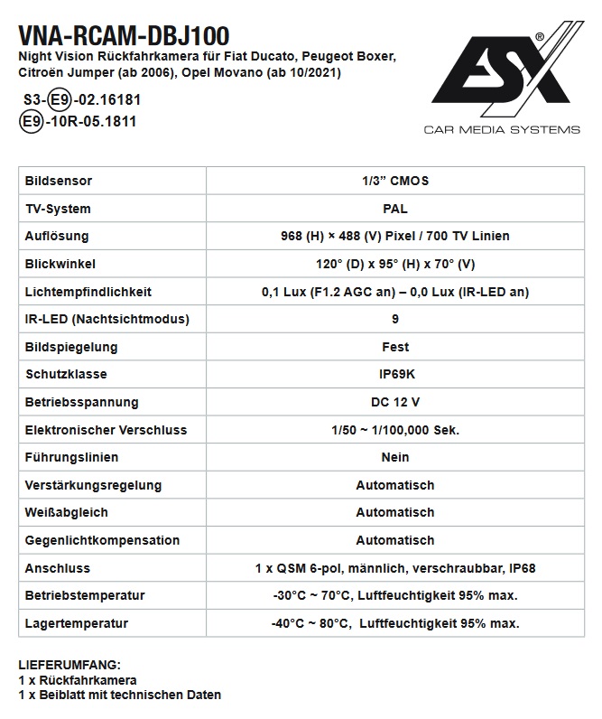ESX ESX VNA-RCAM-DBJ100 Night Vision Rückfahrkamera für Fiat Ducato Plattform kompatibel mit ...